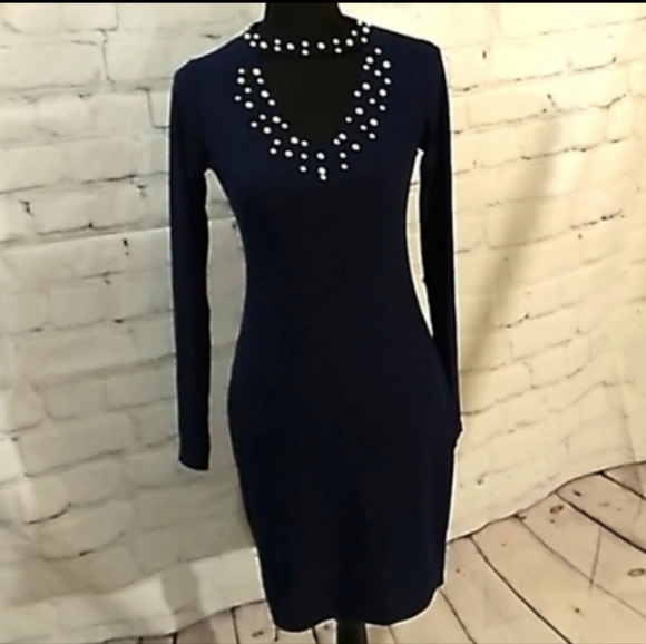 Dresses | Ls Pearl Embellished Vneck Choker Textured Patchwork Bodycon ...